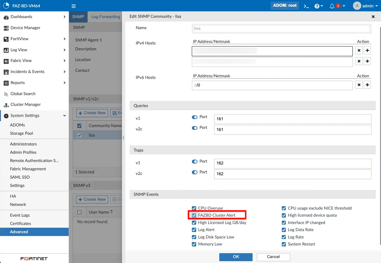 Cluster monitoring through SNMP | FortiAnalyzer BigData 7.6.0 | Fortinet Document Library
